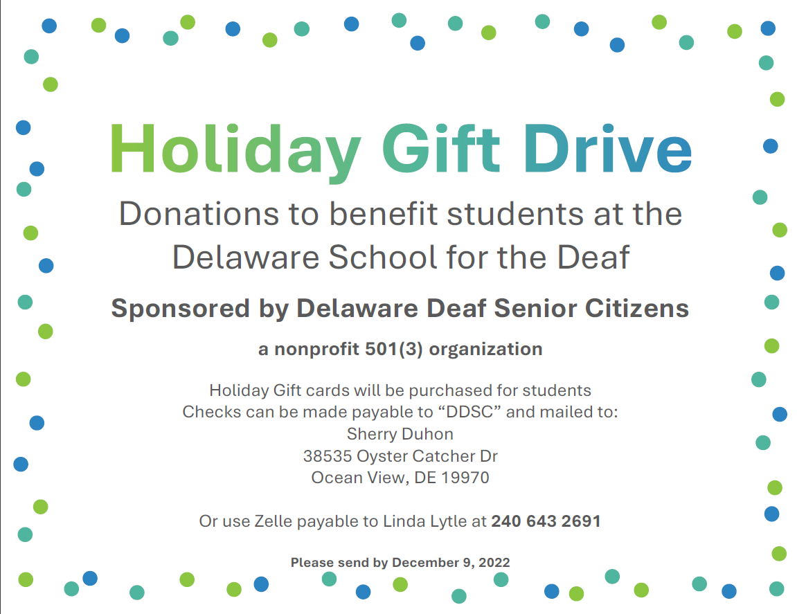 Holiday Gift Drive by DDSC – Delaware Association of the Deaf (DAD)